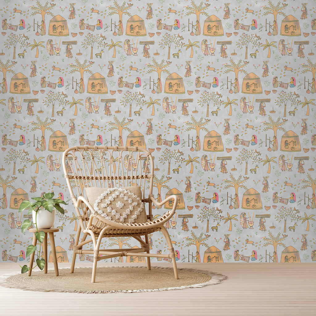 Mithila, Sujani Art Wallpaper | Life n Colors | Grey