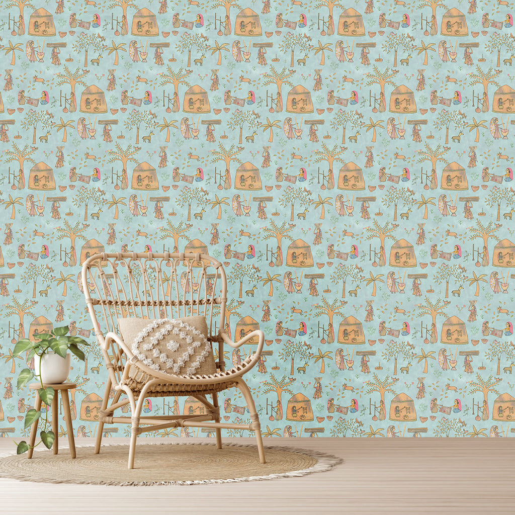 Mithila, Sujani Art Wallpaper | Life n Colors | Blue