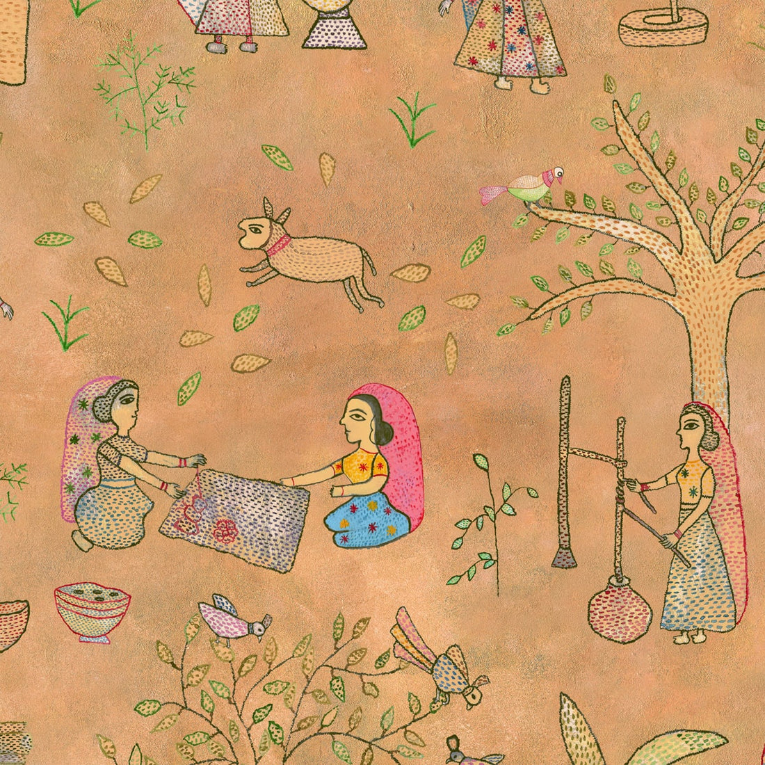 Mithila Indian Sujani Art Wallpaper | Life n Colors | Rusty Yellow