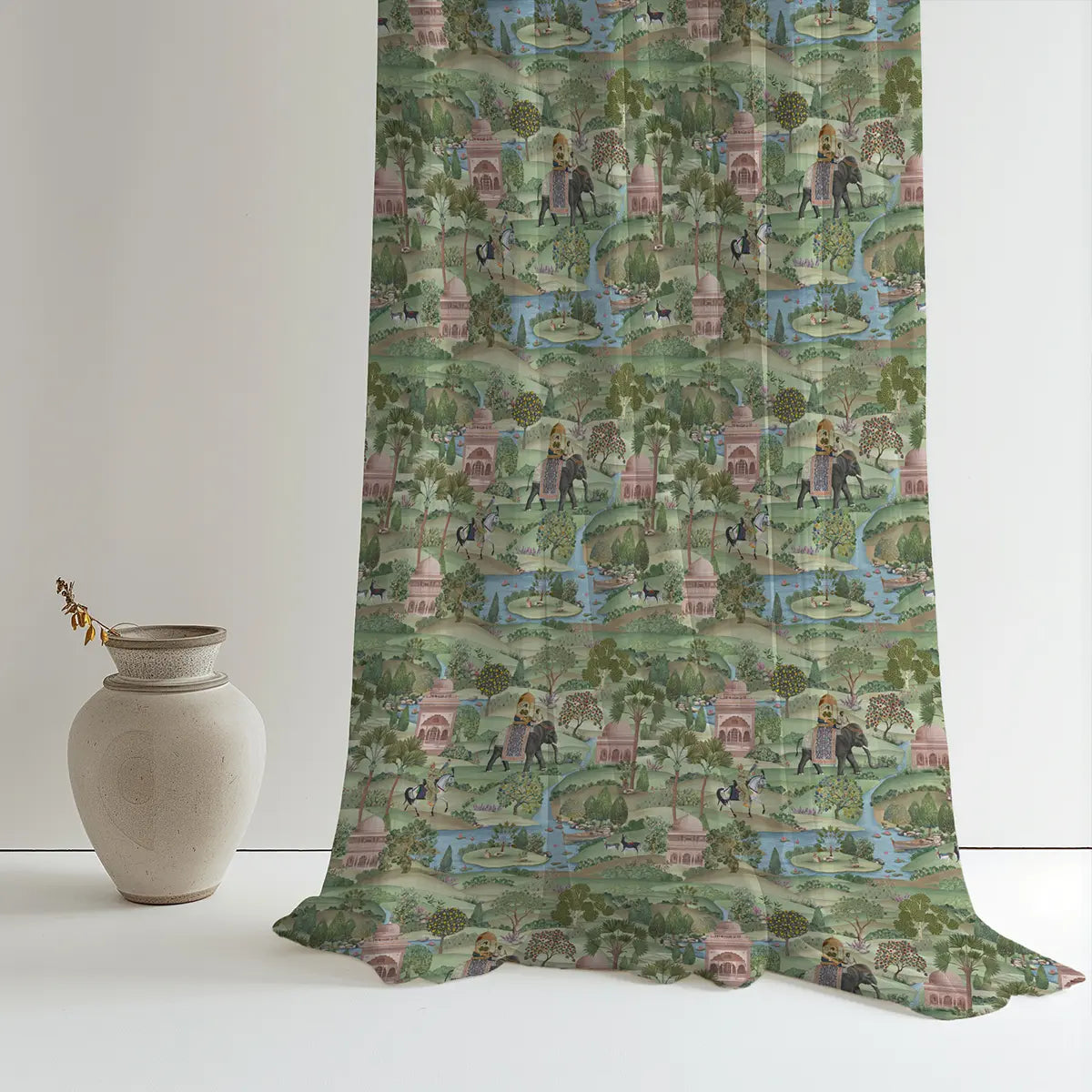 Shaan Indian Scenic Pattern Curtain Fabric, Green | Prasanaakshi – Life ...