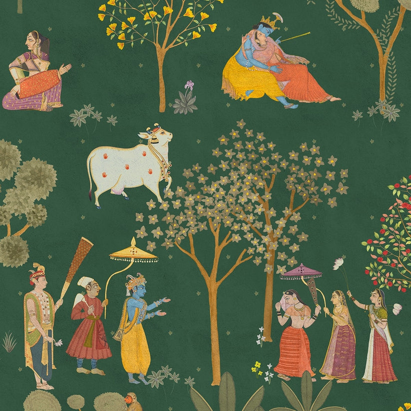 Sangam Radha Krishna Emerald Green Luxury Wallpaper | Life n Colors