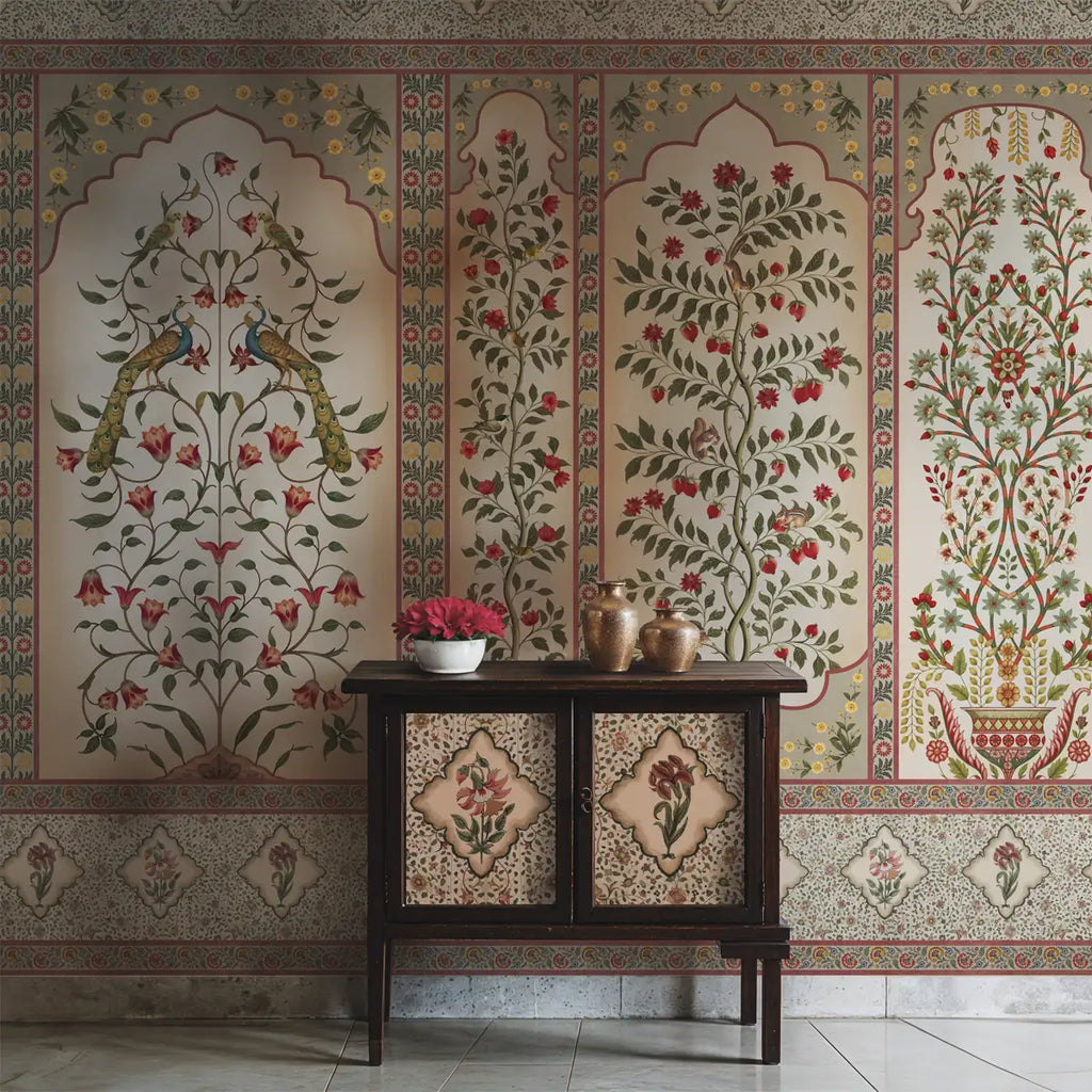 Madhuban Indian Floral Jharoka Green Wallpaper | Life n Colors