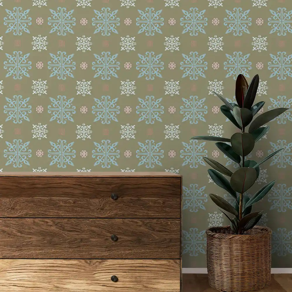 Rangoli Design Wallpaper Roll in Sage green Color | Life n Colors