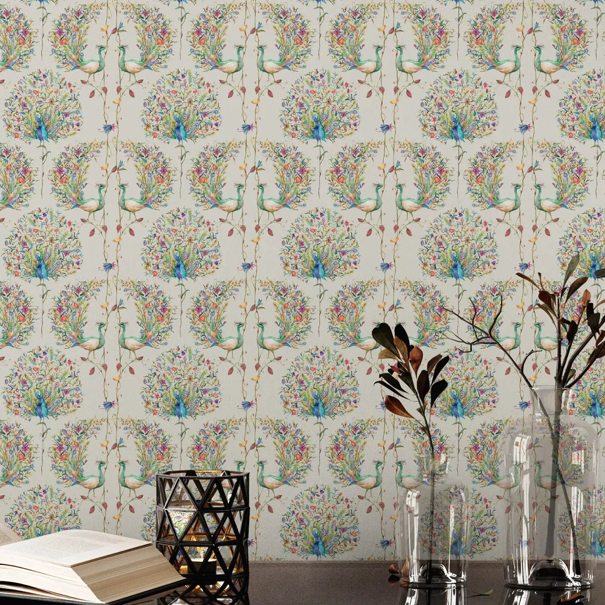 Barkha Indian Peacock Wallpaper in Cream Color | Life n Colors