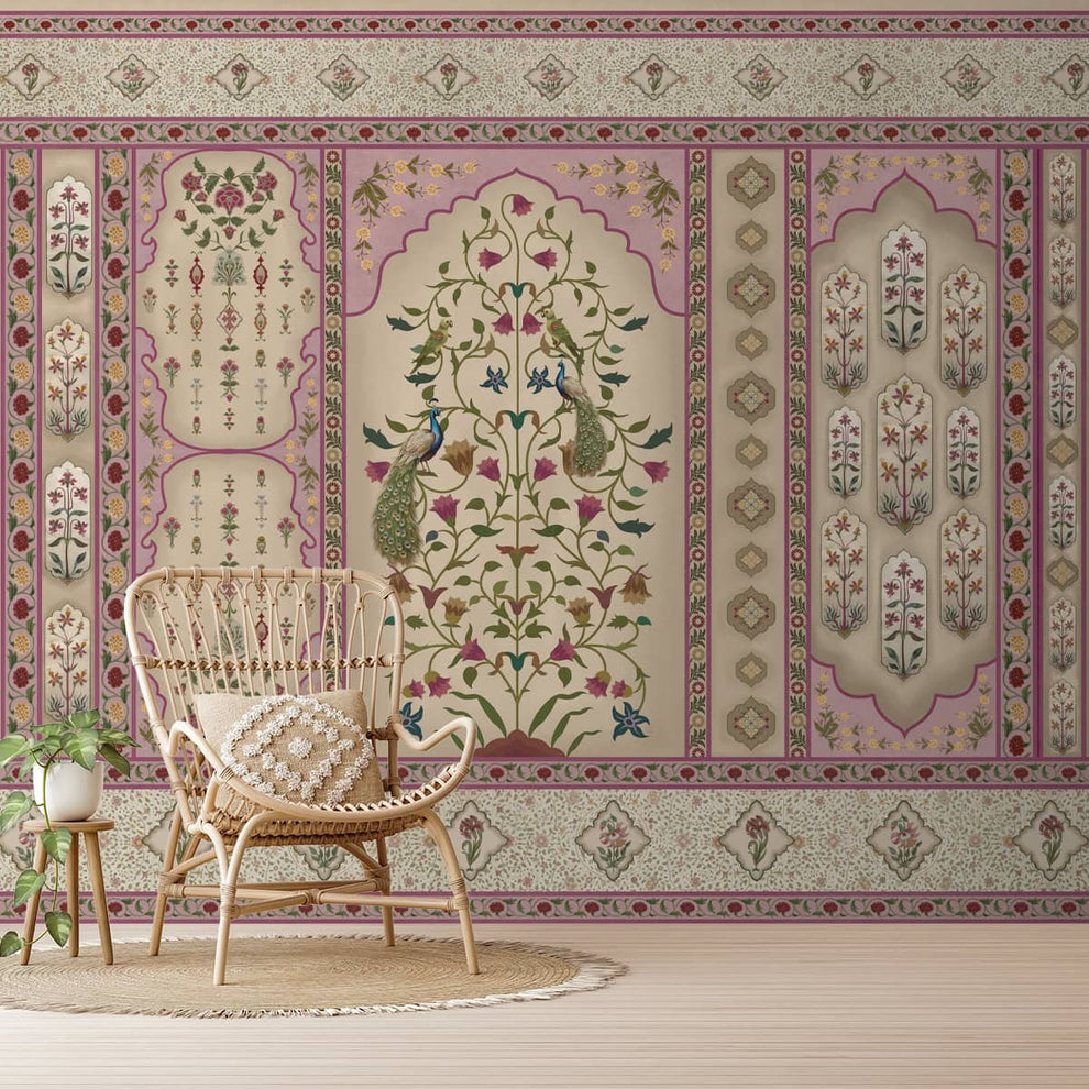 Madhuban Indian Floral Jharoka Wallpaper Pink | Life n Colors