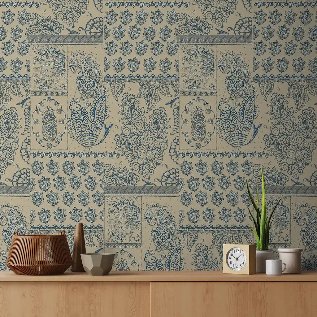 Chhaya Block Print Wallpaper, Beige & Blue | Life n Colors