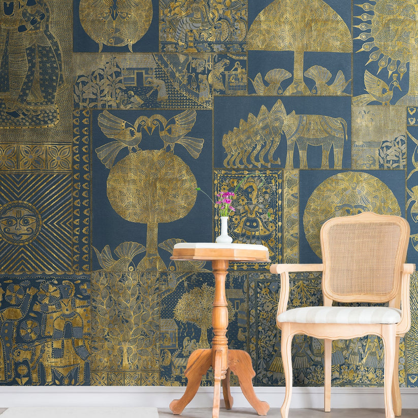 Geet Madhubani Wallpaper in Blue & Golden Colors | Life n Colors