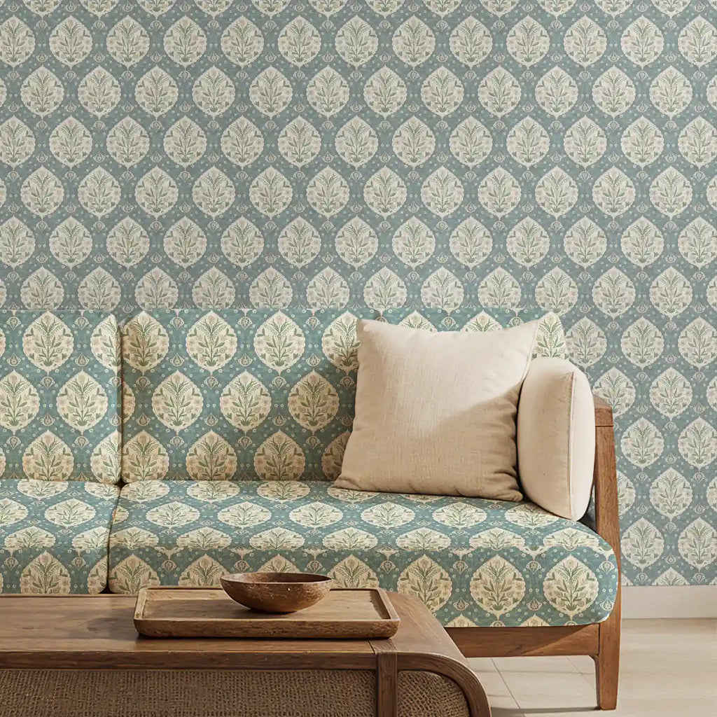 Gulmohar Indian Wallpaper Roll in Dusty Blue Color | Life n Colors