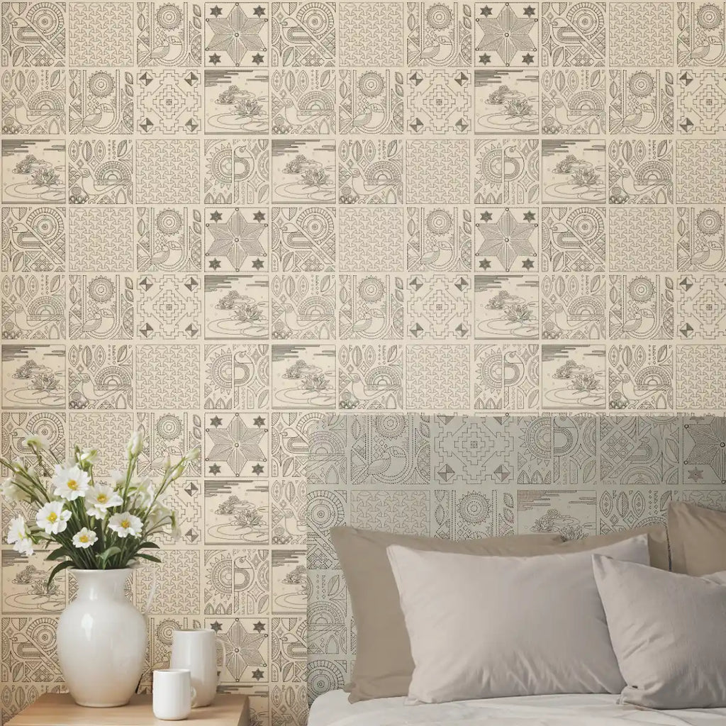 Kantha Indian Wallpaper Roll in Cream Color | Lifencolors – Life n Colors