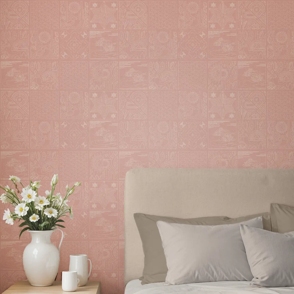 Kantha Indian Wallpaper Roll in Pink Color | Lifencolors – Life n Colors
