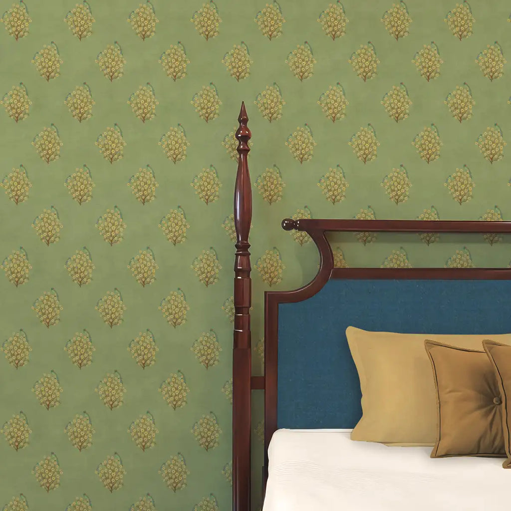 Mithoo Floral Buti Indian Wallpaper Roll in Green Color | Lifencolors ...