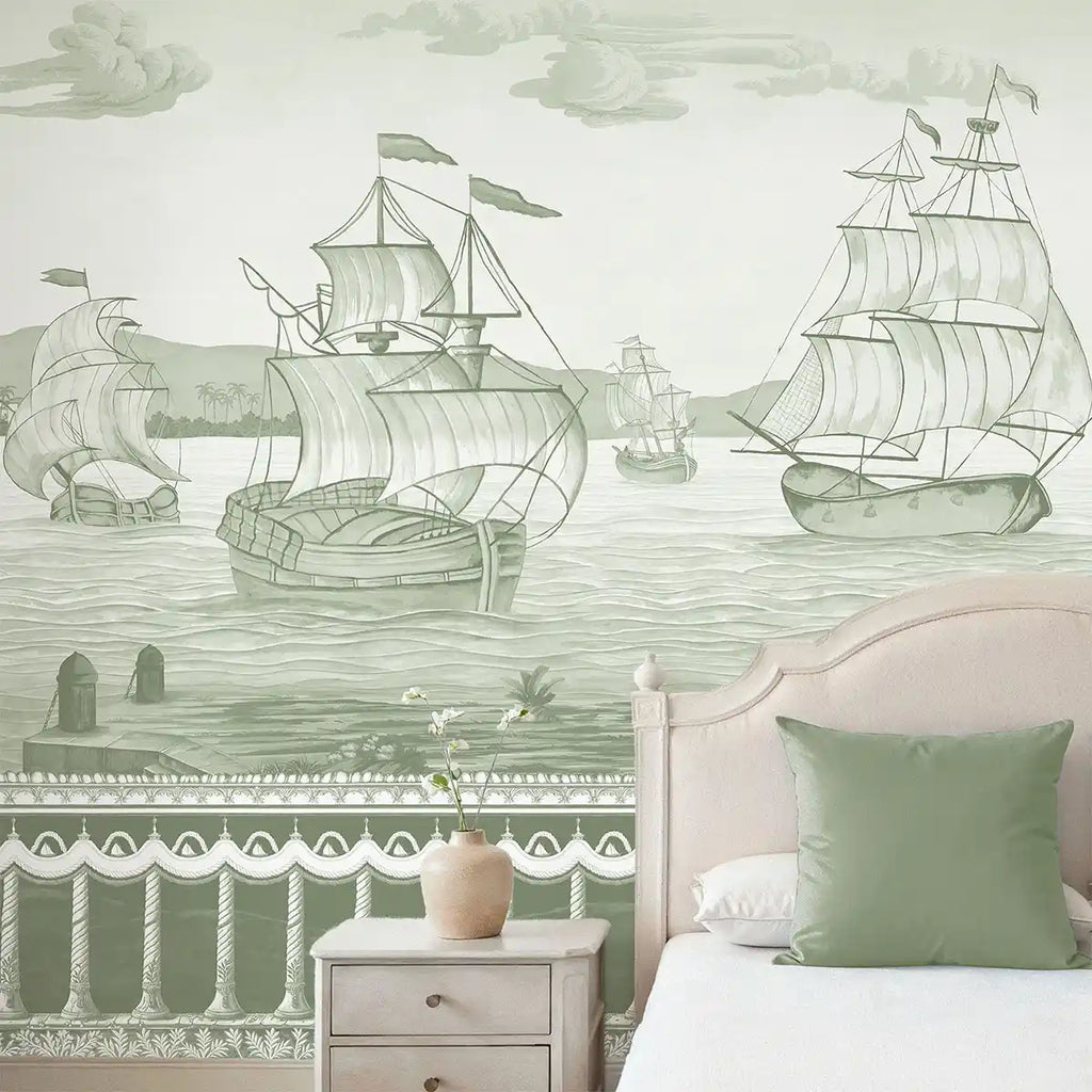 The Blue Horizon Sage Green Nautical Mural Wallpaper | Life n Colors