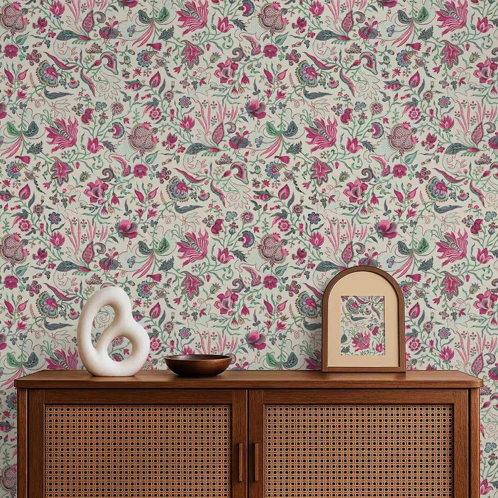 Bahaar Pale Cream Indian Floral Wallpaper | Life n Colors