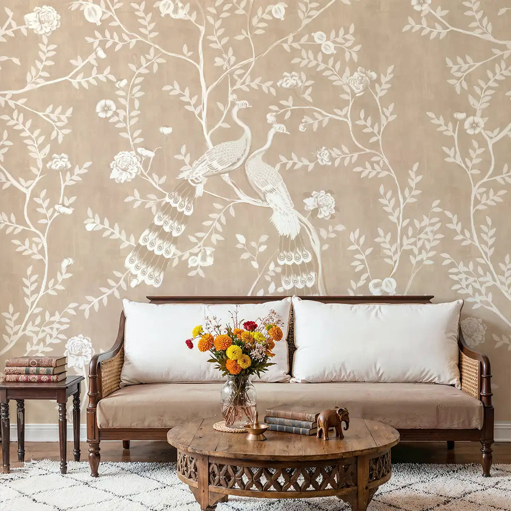 Morni Peacock & Floral Chinoiserie Wallpaper - Clay Beige – Life n Colors