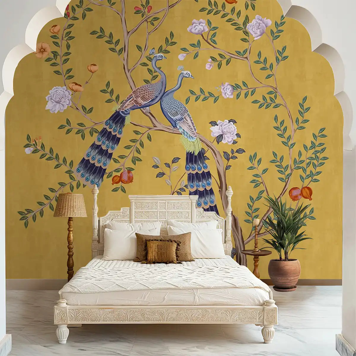 Morni, Peacock and Flowers Chinoiserie Design, Yellow | Life n Colors