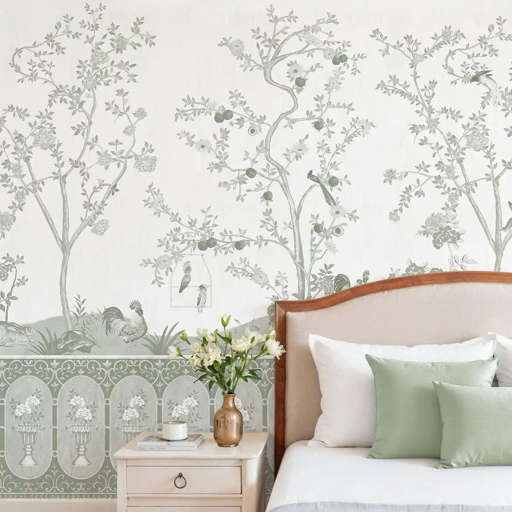 Raj Bagh Sage Green Chinoiserie Wallpaper Mural | Life n Colors