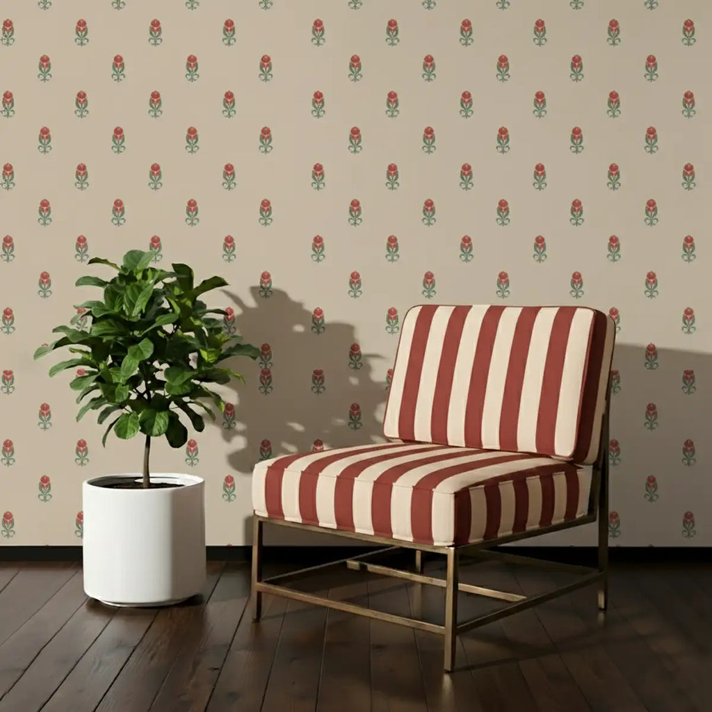 Surkh Upholstery Fabric – Red & Beige Linen Stripes | Life n Colors