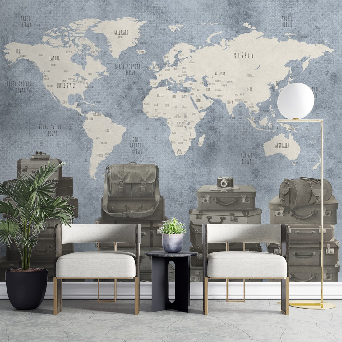 Blue Travel Theme World Map Wallpaper for Walls | Life n Colors