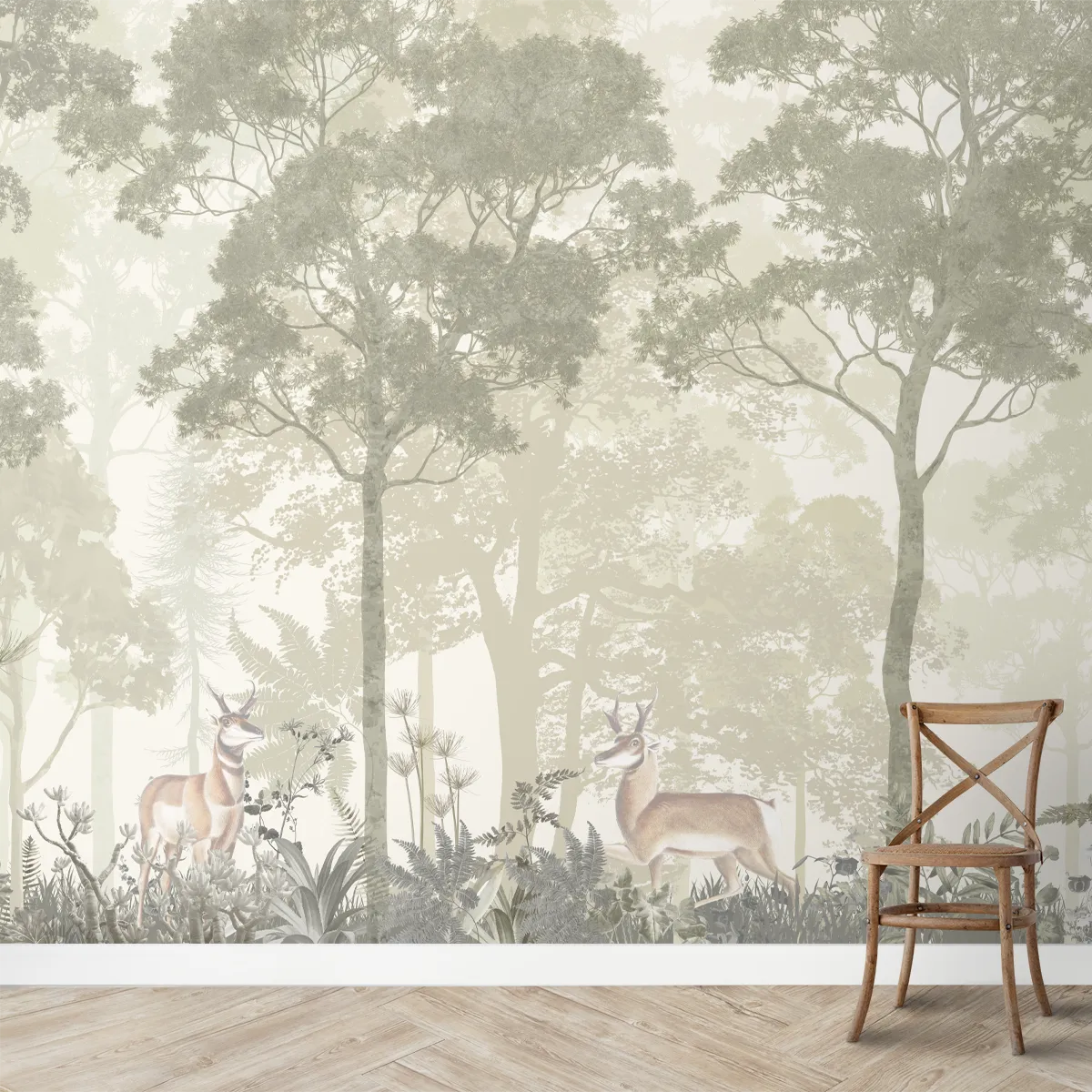 Vintage Forest Theme Wallpaper for Rooms in Light Green-Beige Colors ...