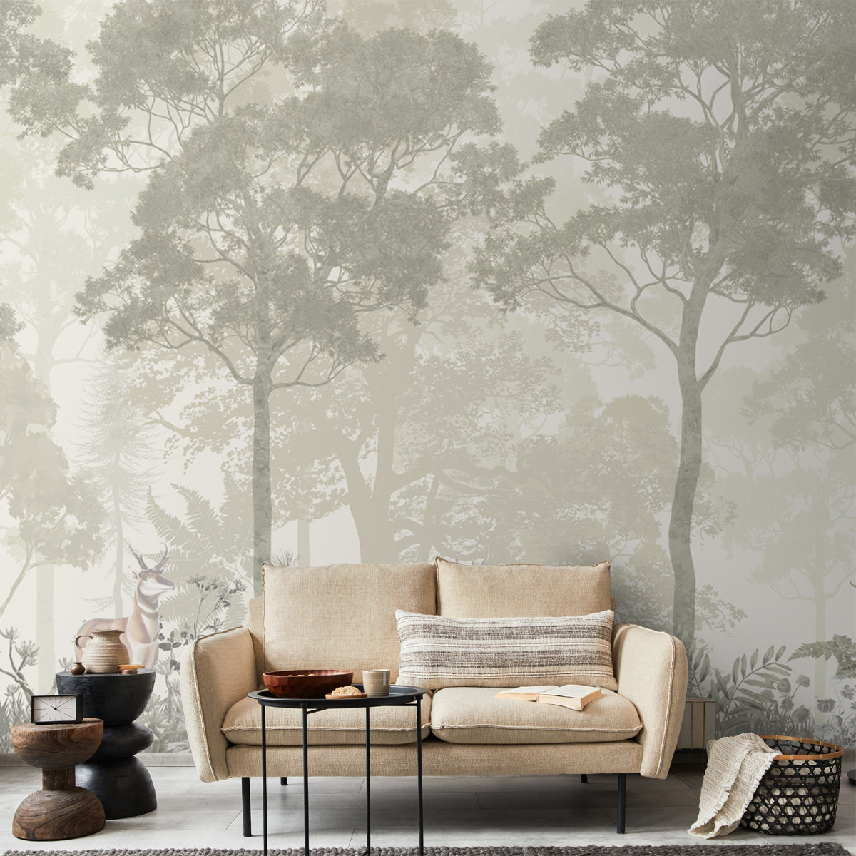 Vintage Forest Theme Wallpaper for Rooms in Light Green-Beige Colors ...