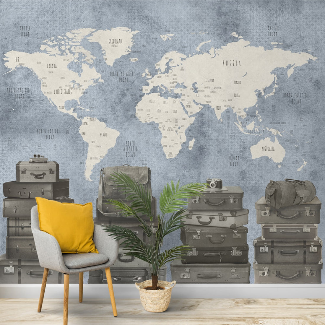 Blue Travel Theme World Map Wallpaper for Walls | Life n Colors