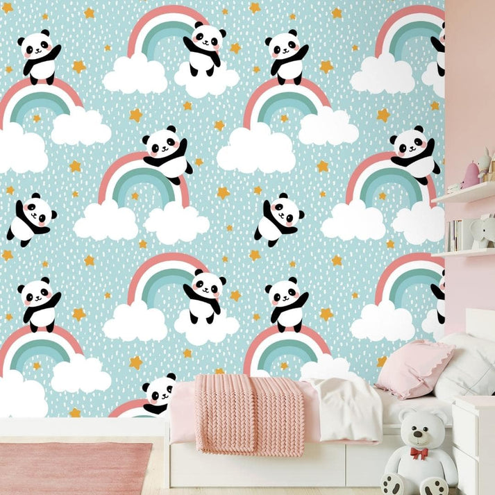 Cute Panda on Rainbow, Kids Room Wallpaper | lifencolors – Life n Colors