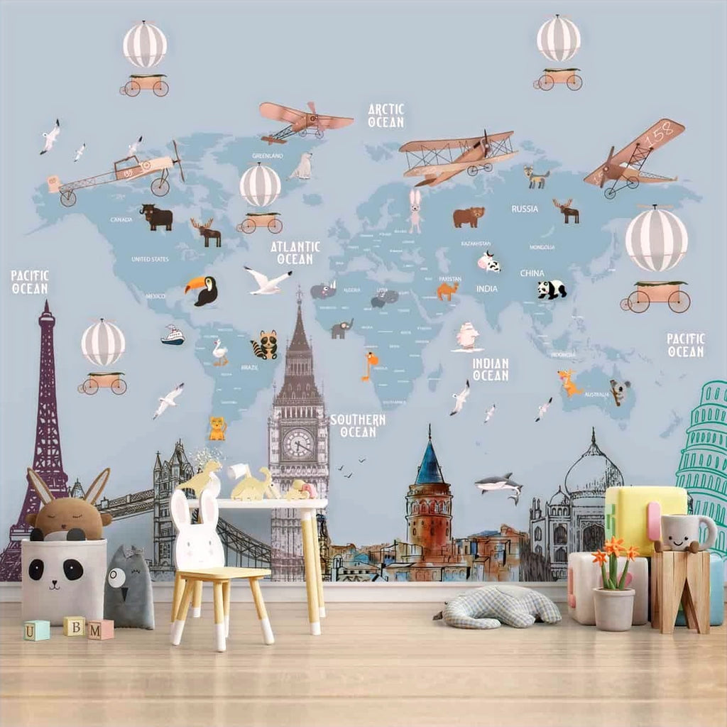 Kids World Map Monuments Wallpaper | Life n Colors