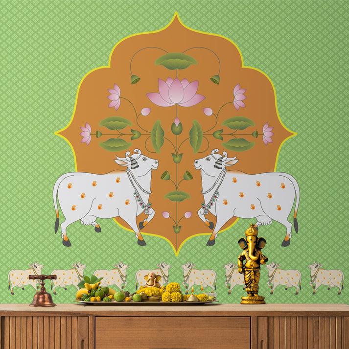 Vibrant Cow Pichwai: Spiritual Pooja Room Wallpaper | Life n Colors