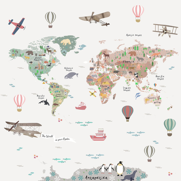 Pastel World Map Wallpaper with Balloons for Kids Room, Customised ...