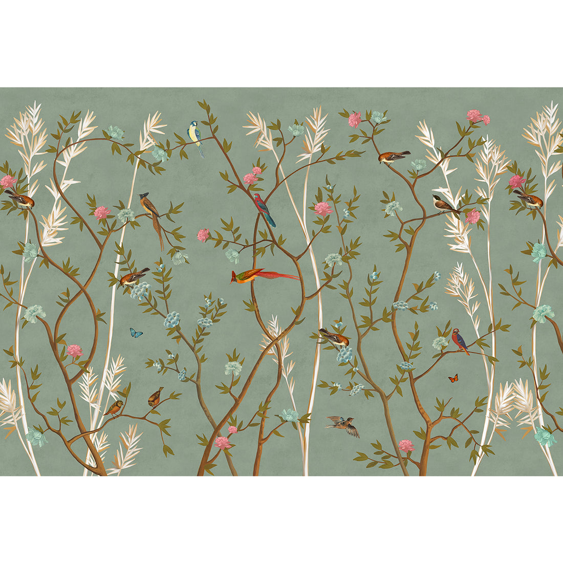 Green Chinoiserie Wallpaper with Flowers and Birds | Life n Colors