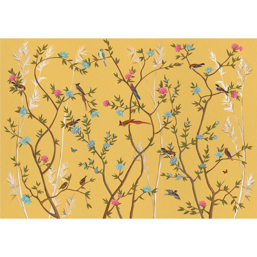 Yellow Chinoiserie Wallpaper with Flowers and Birds, Customised ...