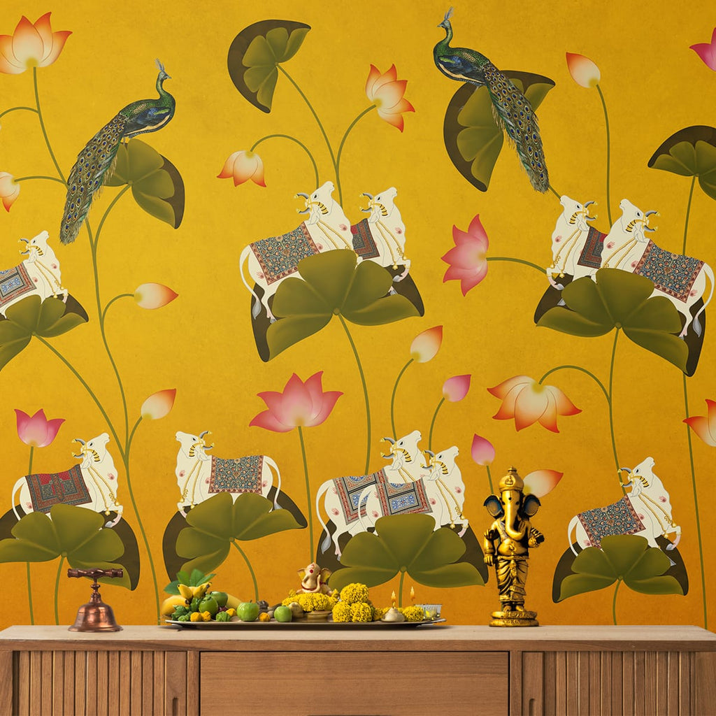 Pichwai Floral Cow Painting Inspired Wallpaper for Walls | Life n Colors