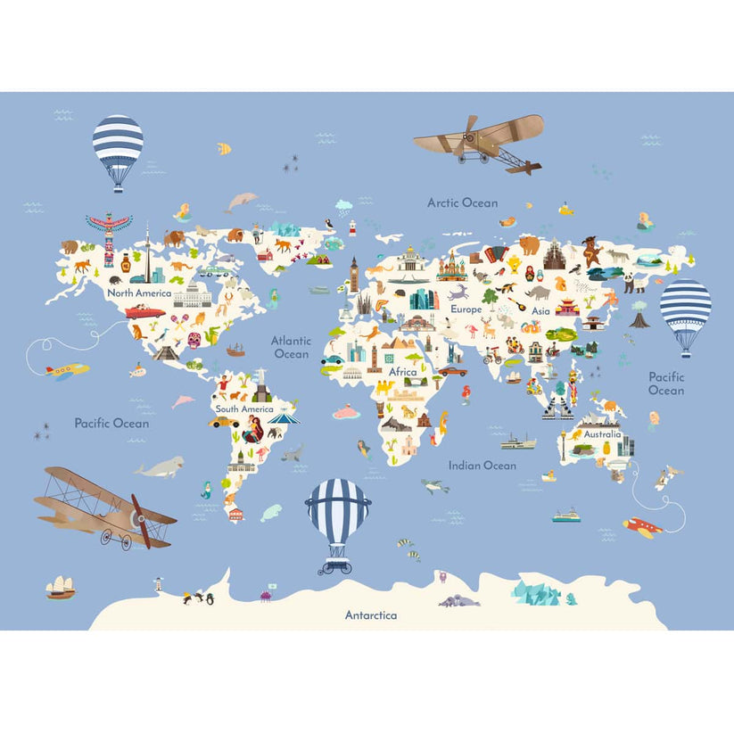 Kids World Map with Monuments, Wallpaper for Kids Bedroom, Blue ...