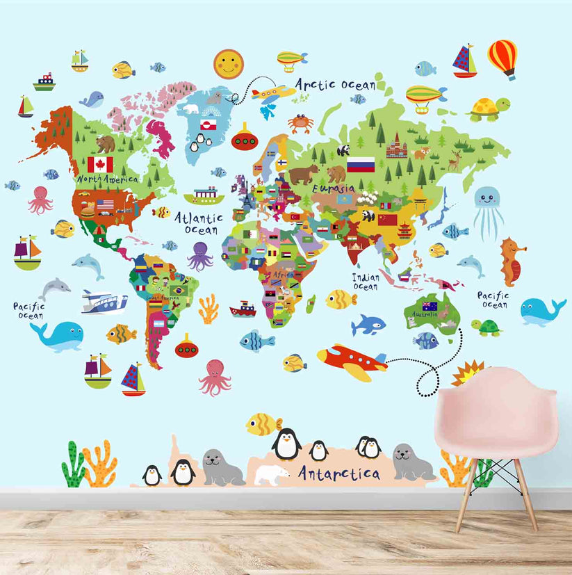 Cute World Map for Kids Room, Young Kids Bedroom Wallpapers | Life n Colors