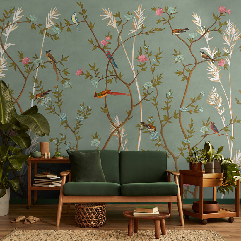 Green Chinoiserie Wallpaper with Flowers and Birds | Life n Colors