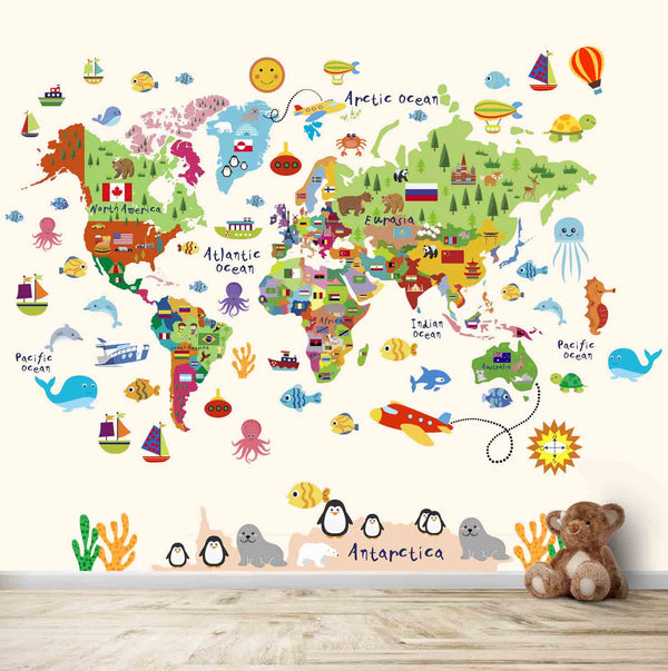 Cute World Map for Kids Room, Young Kids Bedroom Wallpapers | Life n Colors