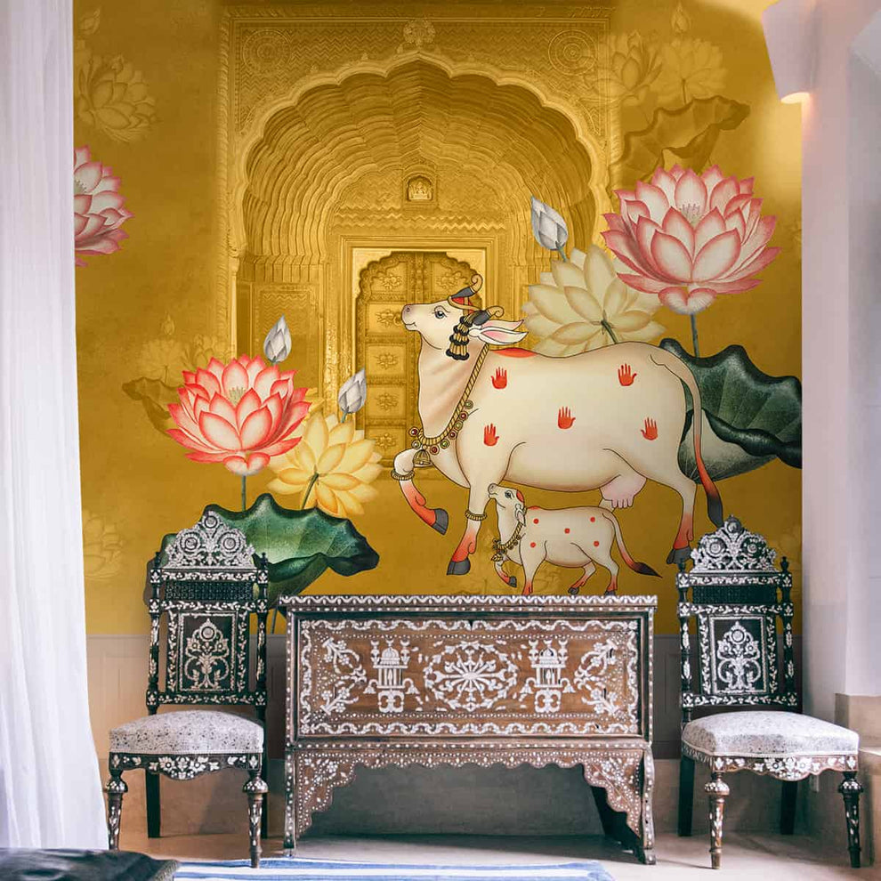 Yellow Pichwai Wallpaper for Lobby and Temple Walls | Life n Colors