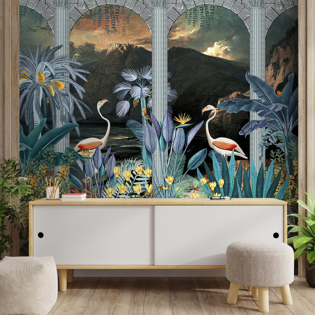 Tropical Theme Wallpaper Design with Flamingoes | Life n Colors