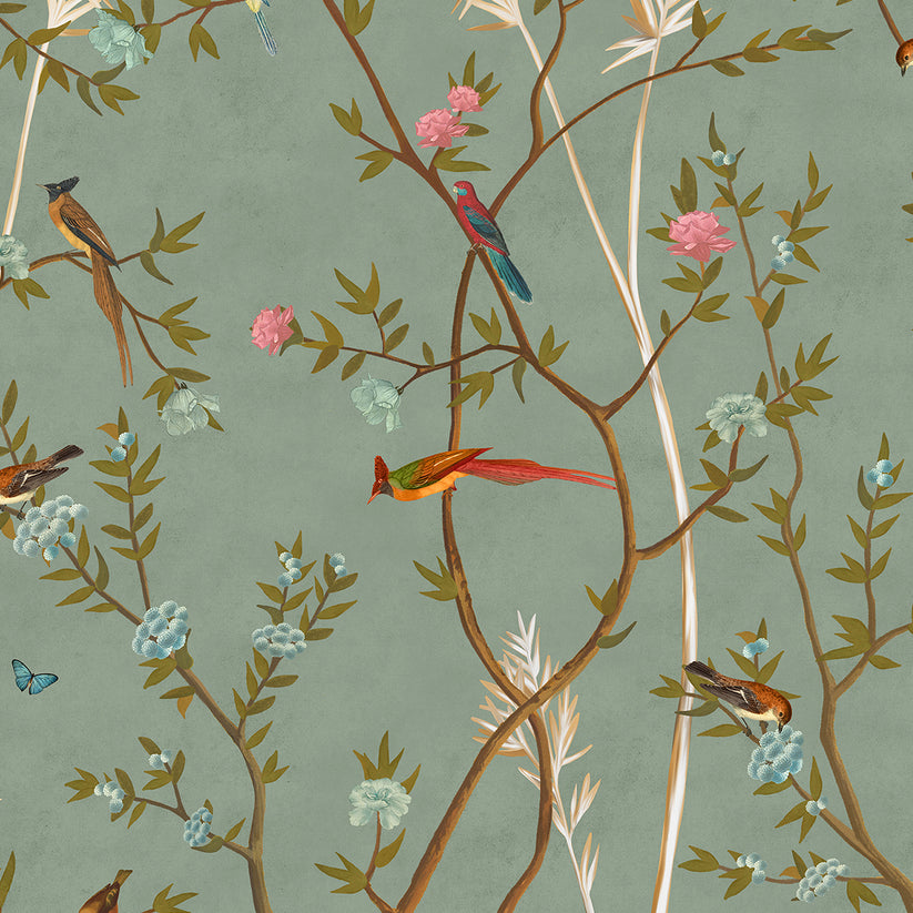 Green Chinoiserie Wallpaper with Flowers and Birds | Life n Colors