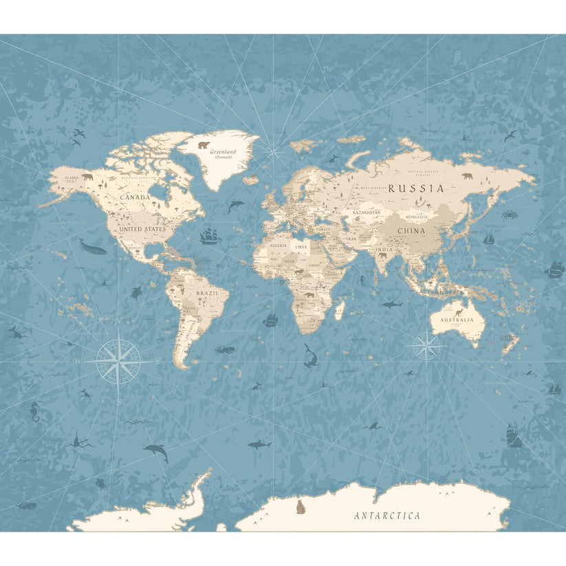 Vintage World Map Wallpaper for Walls, World Maps for Rooms, Blue ...