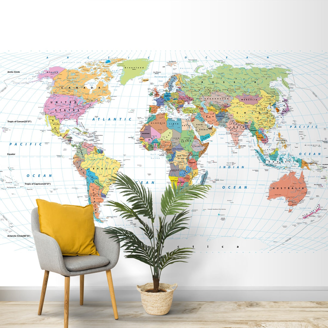 Detailed World Map with Countries & Cities for Wall | Life n Colors