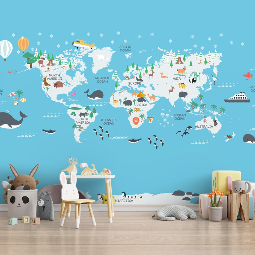 Young Kids Rooms Cute World Map, Blue Ocean and Cute Animals | Life n ...